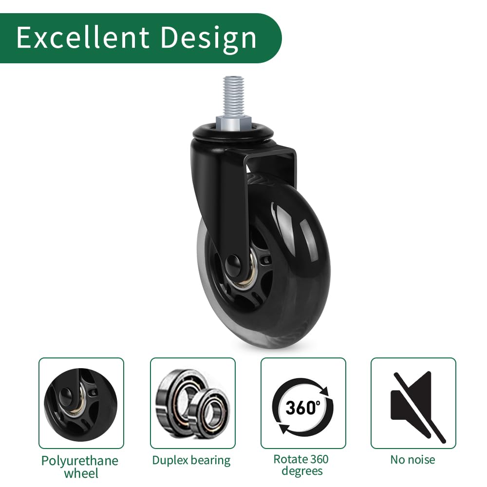 8T8 Office Chair Caster Wheels by 8T8 for Smart Home Offices, 5/16''-18x1"(NOT Metric M8) Threaded Stem Caster, Heavy Duty 3" Replacement Rubber Office Chair Wheels, Safe for Hardwood Tile Floors
