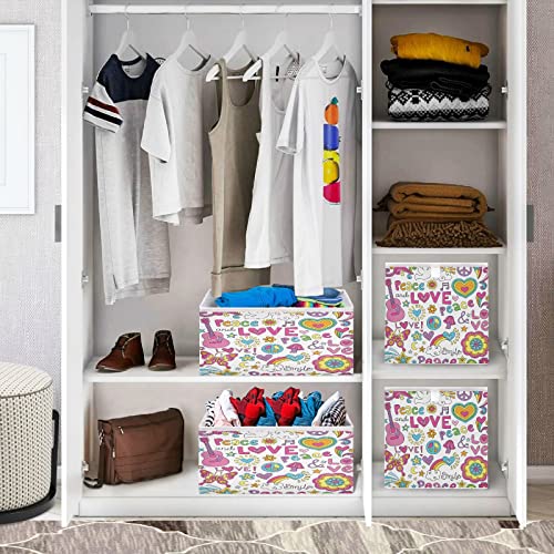 ALAZA Peace Sign Love Music Mushroom Flower Rainbow Storage Bin Organizer Foldable Basket for Closet Cabinet Shelf Office 15.75 x 10.63 x 6.96 Inch