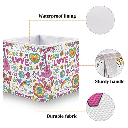 ALAZA Peace Sign Love Music Mushroom Flower Rainbow Storage Bin Organizer Foldable Basket for Closet Cabinet Shelf Office 15.75 x 10.63 x 6.96 Inch