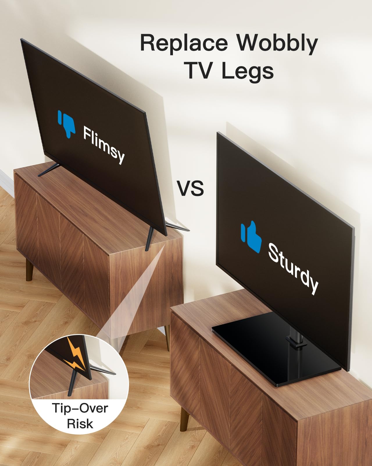 PERLESMITH Universal TV Stand - Table Top TV Stand for 32-55 inch LCD LED TVs - Height Adjustable TV Base Stand with Tempered Glass Base & Wire Management, VESA 400x400mm