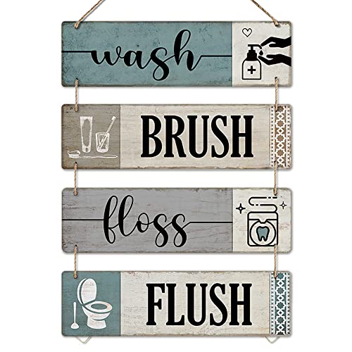 SAC SMARTEN ARTS Bathroom Wall Decor Rustic Bathroom Wall Art Funny Bathroom Wall Hanging Sign - Wash Brush Floss Flush - 4 Pieces Wood Bathroom Decorations for Wall 13.8 x 4 inch