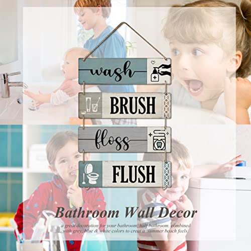 SAC SMARTEN ARTS Bathroom Wall Decor Rustic Bathroom Wall Art Funny Bathroom Wall Hanging Sign - Wash Brush Floss Flush - 4 Pieces Wood Bathroom Decorations for Wall 13.8 x 4 inch