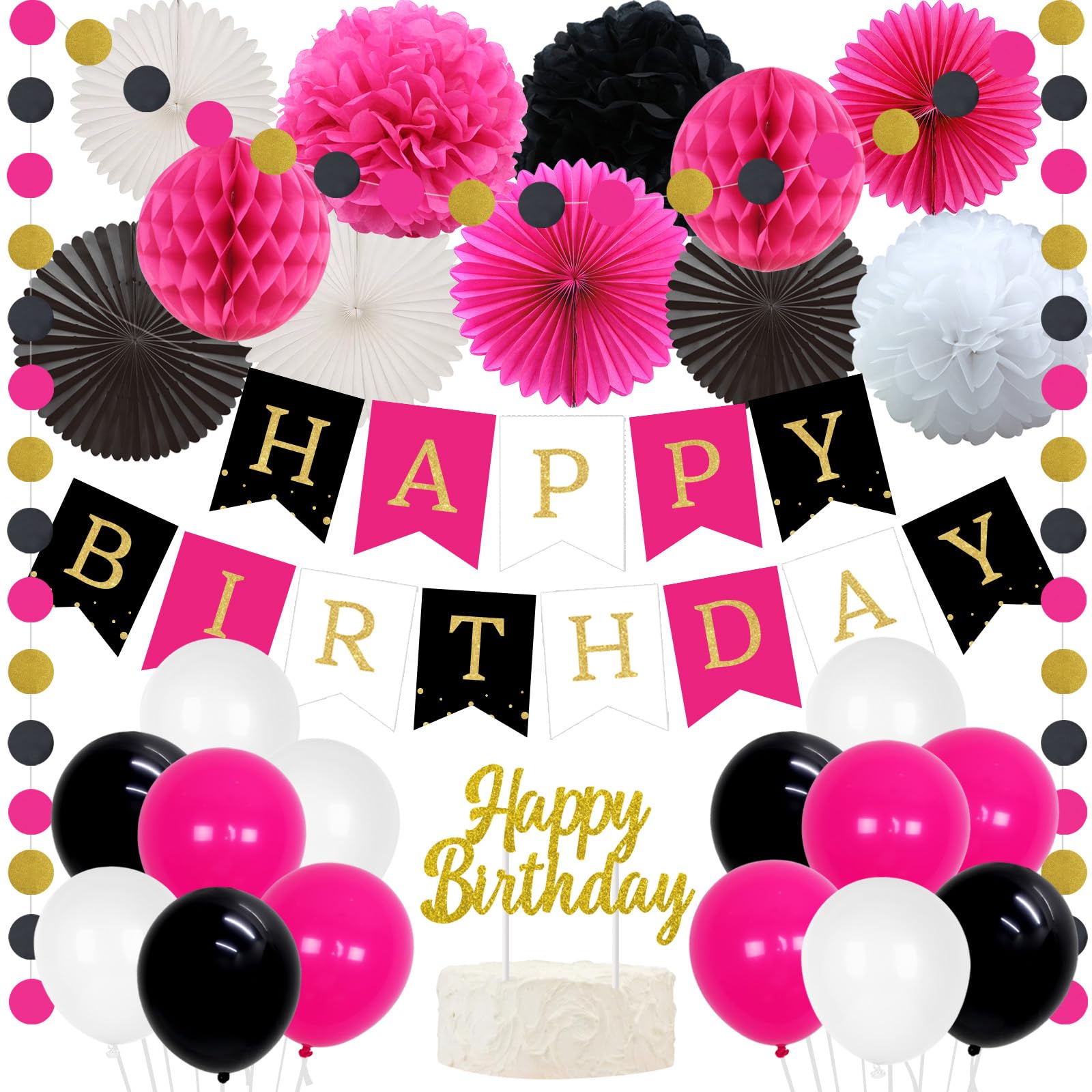 Birthday Decorations for Women Hot Pink and Black White Happy Birthday Bunting Banner Tissue pom Poms Paper Fans Circle Dots for Girls Birthday Party Supplies