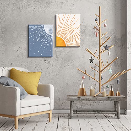 Creoate Boho Wall Decor Art 2 Pieces Sun and Moon Picture Canvas Print Framed Set Artwork for Minimalist Home Decor, Modern Boho Wall Art, 12x16 Inch x2pcs