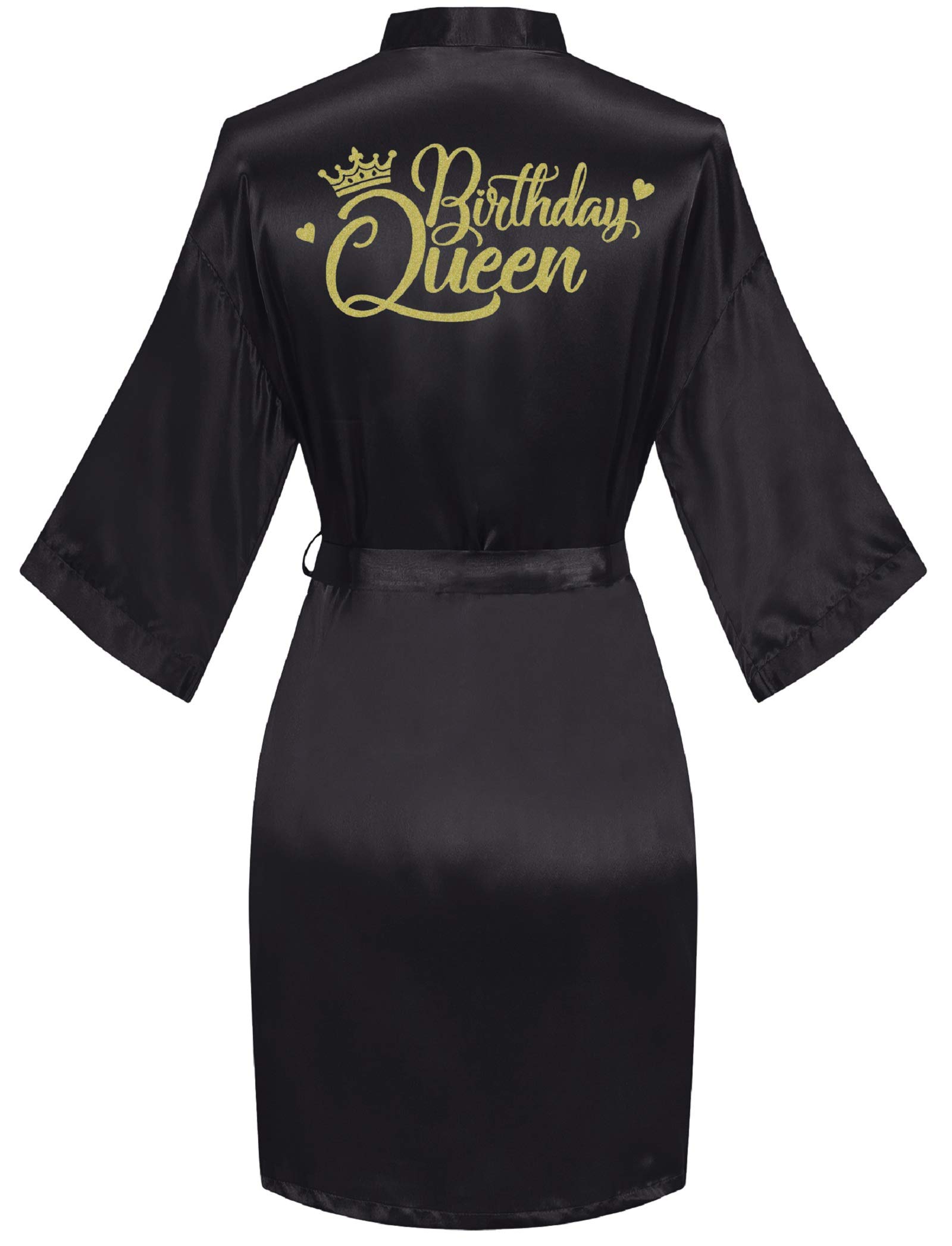 Women's Birthday Robes Queen Squad Silky Kimono Nightgown Spa Bathrobes Sleepover Party Dressing Gown Black