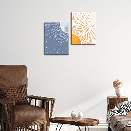 Creoate Boho Wall Decor Art 2 Pieces Sun and Moon Picture Canvas Print Framed Set Artwork for Minimalist Home Decor, Modern Boho Wall Art, 12x16 Inch x2pcs
