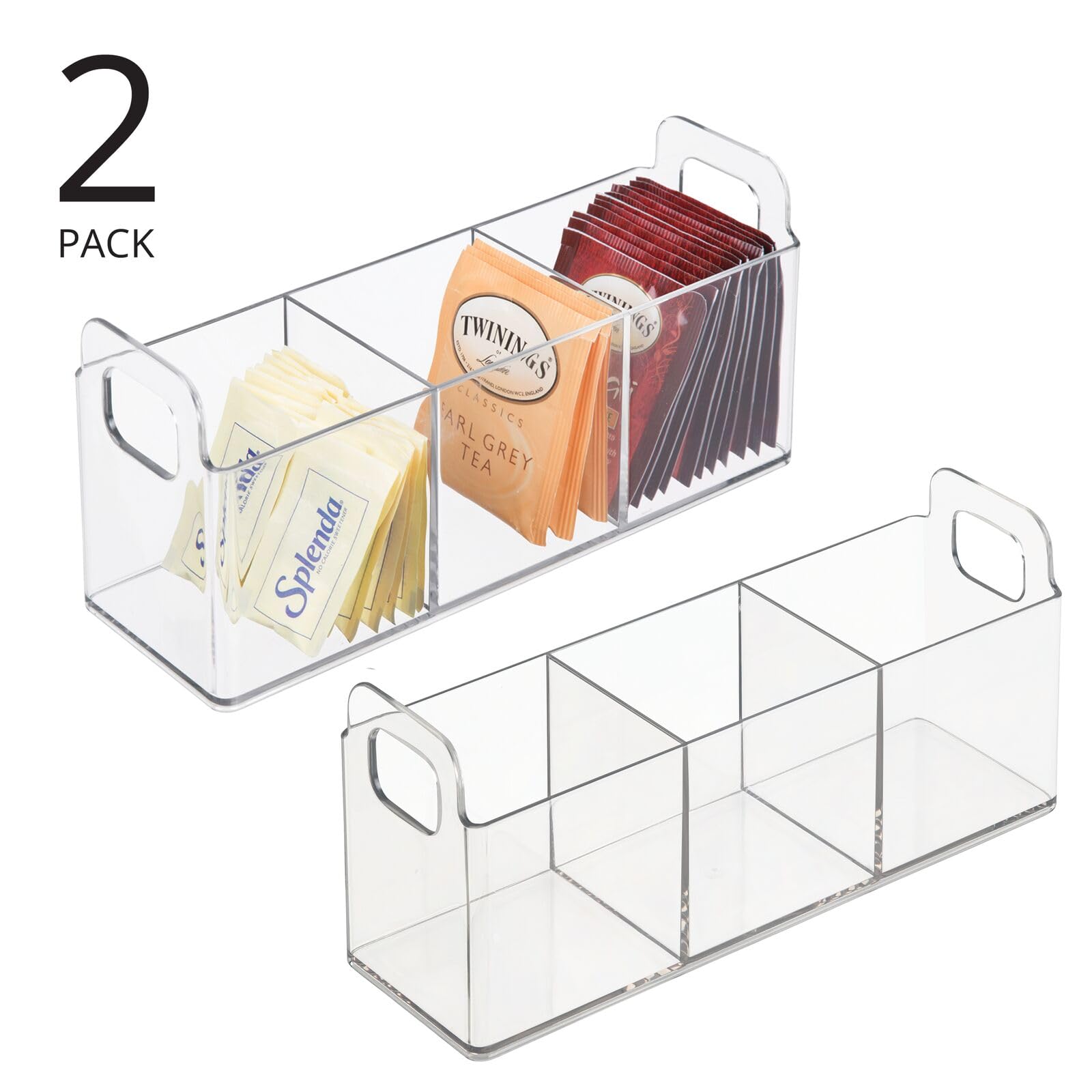 mDesign Plastic Condiment Organizer and Tea Bag Holder - 9" Long Kitchen Pantry/Countertop Storage Caddy - Divided Chip, Snack, Granola, Oatmeal Packet Holder - Lumiere Collection - 2 Pack - Clear