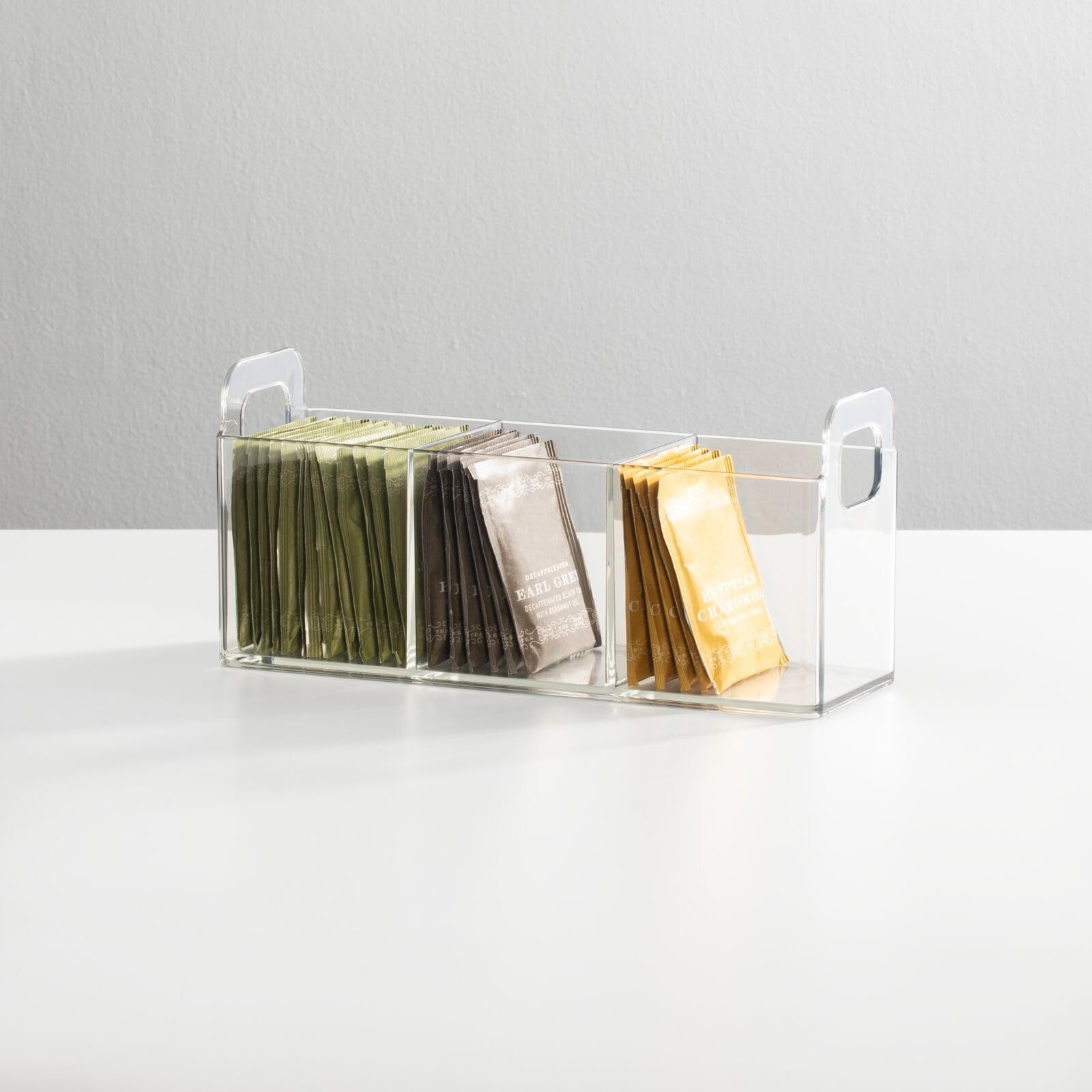 mDesign Plastic Condiment Organizer and Tea Bag Holder - 9" Long Kitchen Pantry/Countertop Storage Caddy - Divided Chip, Snack, Granola, Oatmeal Packet Holder - Lumiere Collection - 2 Pack - Clear