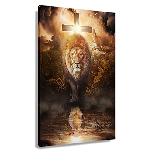 Lion And Lamb Wall Art Vintage Framed Artwork Lion Of Judah Wall Art Canvas Abstract Painting Christian Posters Decorations For Bedroom Framed (12x18 inch)