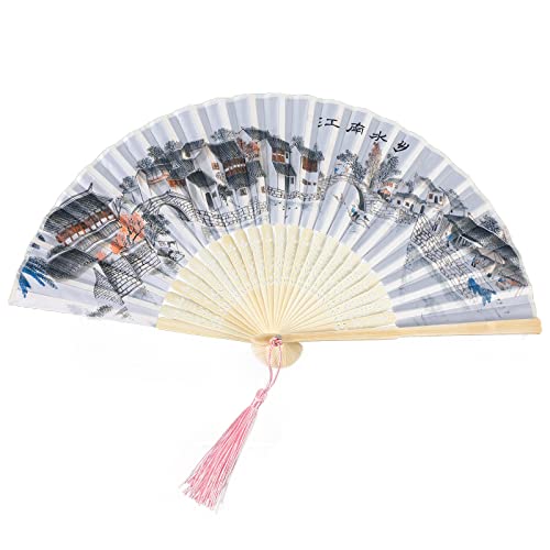 Qoyapow Foldable Fan Handheld Fabric Bamboo Fan Chinese Vintage Style Hand Held Folding Fans for Party Wedding Dancing Decoration (Ancient Town)
