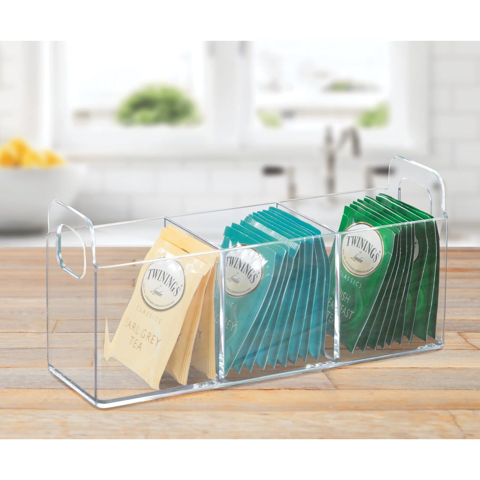 mDesign Plastic Condiment Organizer and Tea Bag Holder - 9" Long Kitchen Pantry/Countertop Storage Caddy - Divided Chip, Snack, Granola, Oatmeal Packet Holder - Lumiere Collection - 2 Pack - Clear