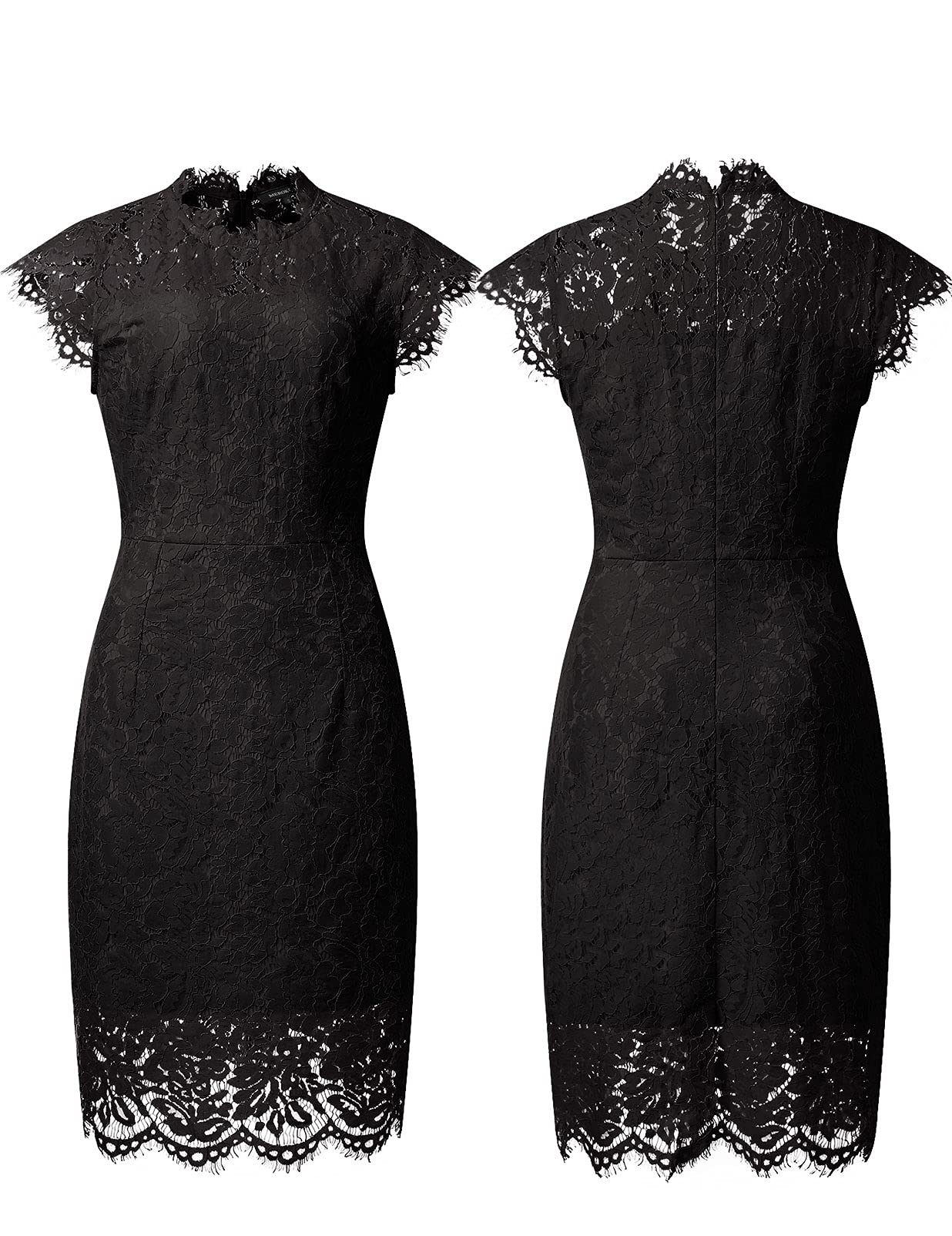 MEROKEETY Women's Sleeveless Lace Floral Elegant Cocktail Dress Crew Neck Knee Length for Party, Black, Large