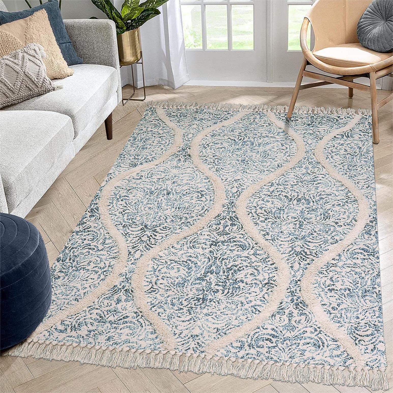 Uphome Boho Area Rug 4' x 6' Washable Vintage Printed Living Room Rug Blue Tufted Distressed Bedroom Rug with Tassels Cotton Farmhouse Floor Carpet for Dining Entryway Kids' Room