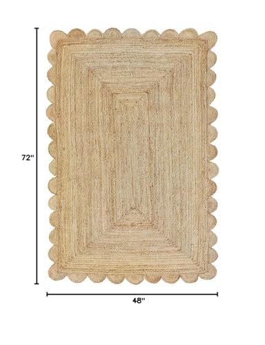 KLAVATE Scalloped Multi Border Decor Braided Jute Collection Classic Quality Made Natural Hand Woven Area Rug (4x6, Natural)