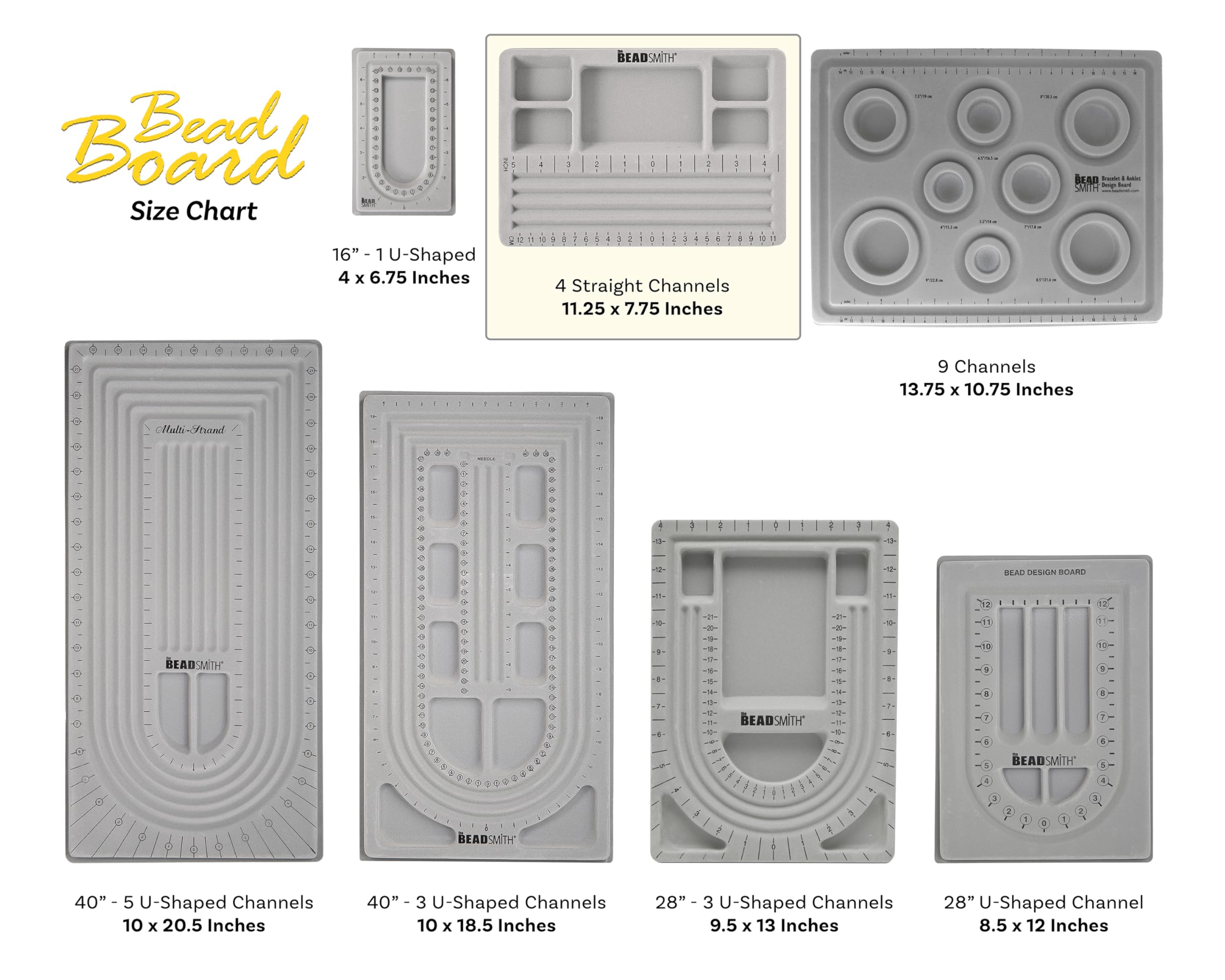The Beadsmith Mini Bead Board, Grey Flocked, 4 Straight Channels, 5 Recessed Compartments, 7.75 x 11.25 inches, Design Boards for Creating Bracelets, Necklaces and Other Jewelry