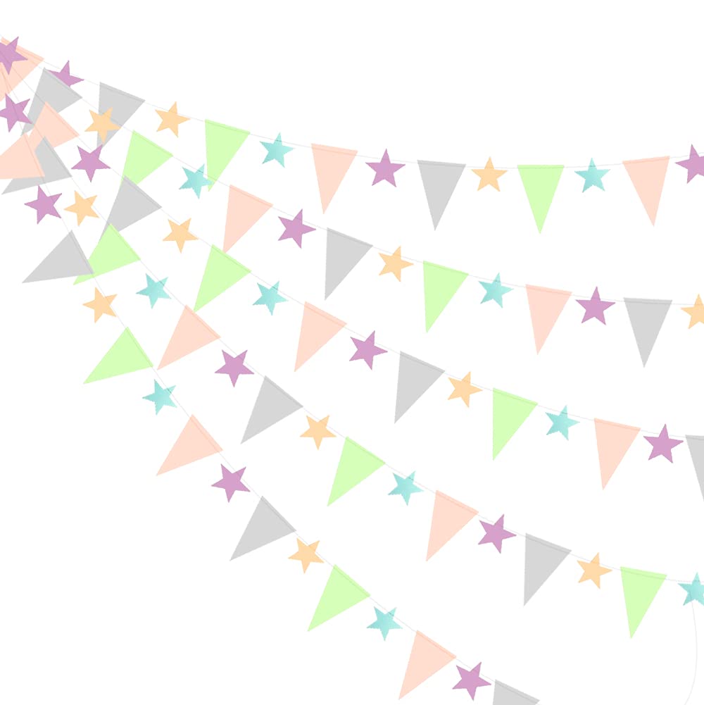 30Ft Pastel Banner Stars Garland Triangle Flag Pennant Bunting Streamers for Kids Birthday Party Backdrop for Baby Shower Nursery Unicorn First Birthday Home Wedding Bridal Shower Decor (Macaron)