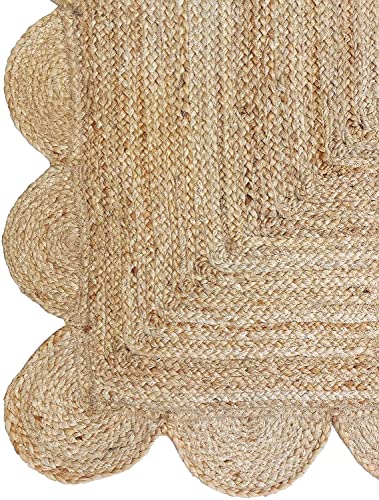 KLAVATE Scalloped Multi Border Decor Braided Jute Collection Classic Quality Made Natural Hand Woven Area Rug (4x6, Natural)