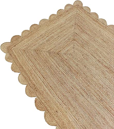KLAVATE Scalloped Multi Border Decor Braided Jute Collection Classic Quality Made Natural Hand Woven Area Rug (4x6, Natural)