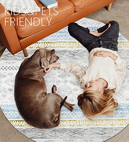 Yincimar Boho Geometric Round Area Rug 4.6ft Non-Slip Washable Circle Rug Accent Rug Soft Floor Area Mat Carpet for Living Room Sofa Bedroom Kids Room Nursery Decor,White