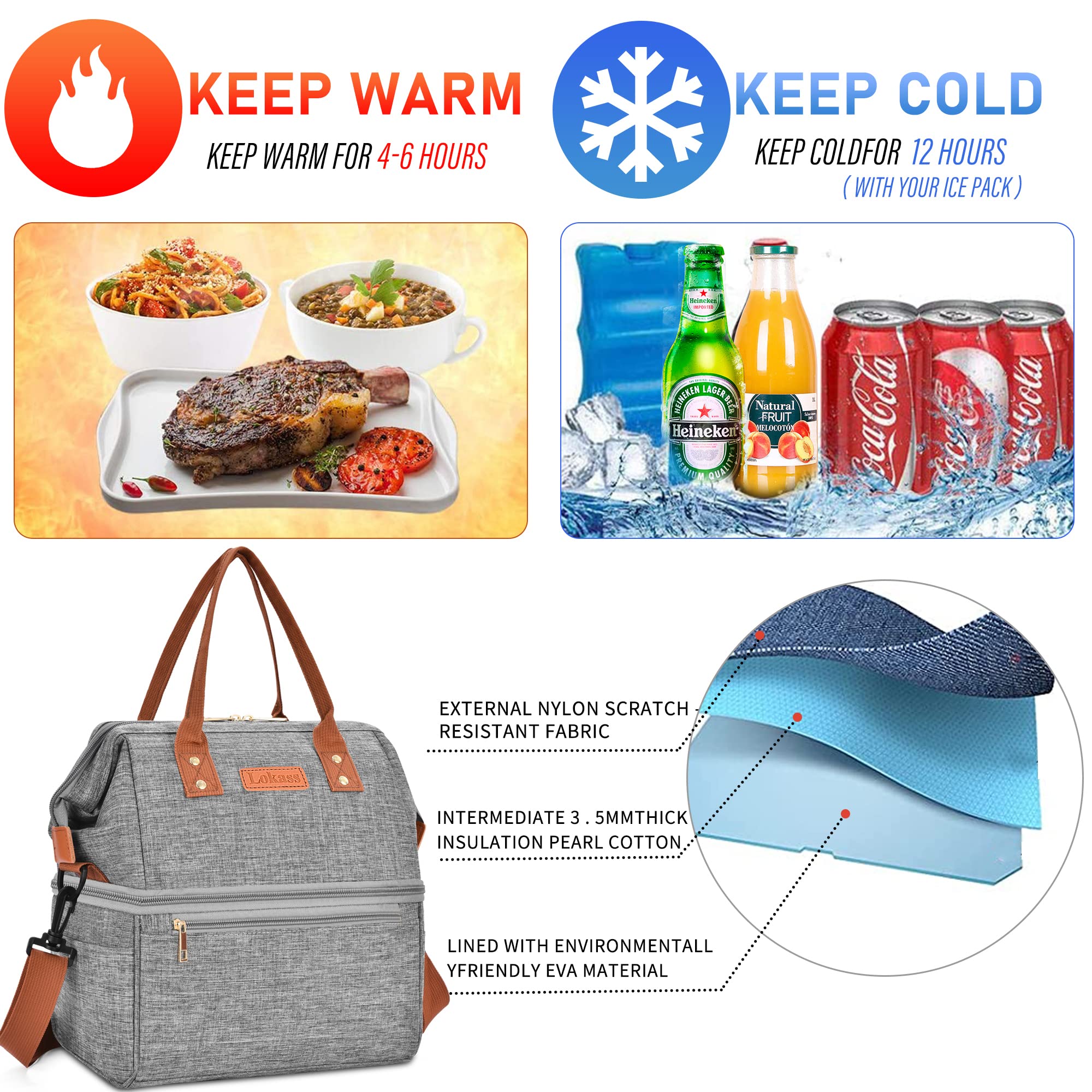 DTBG Lunch Bags for Women Wide Open Insulated Lunch Box With Double Deck Large Capacity Cooler Tote Bag With Removable Shoulder Strap Lunch Organizer For Men/Outdoor/Work(Grey)