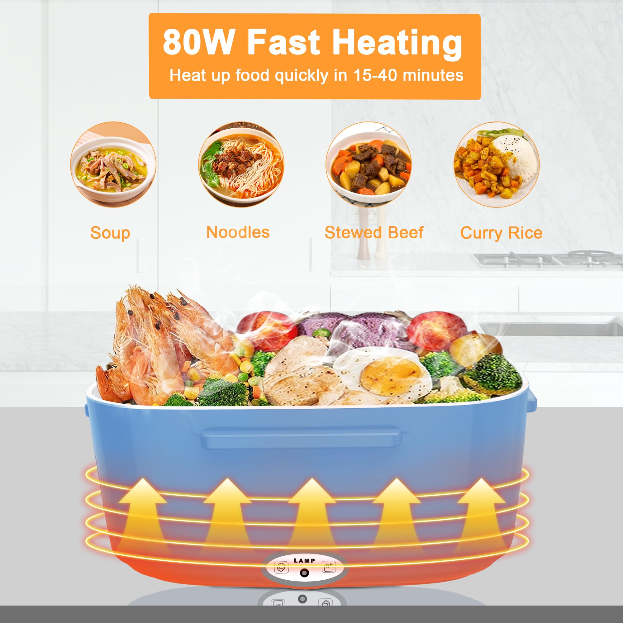 HOLDRUBY 75W Electric Lunch Box food heated 3 In 1 Portable Food Warmer Heater for Car/Truck/Home Heating Lunch Box with 1.5L 304 SS Container, Fork Spoon & Bag (Light Blue+Yellow)