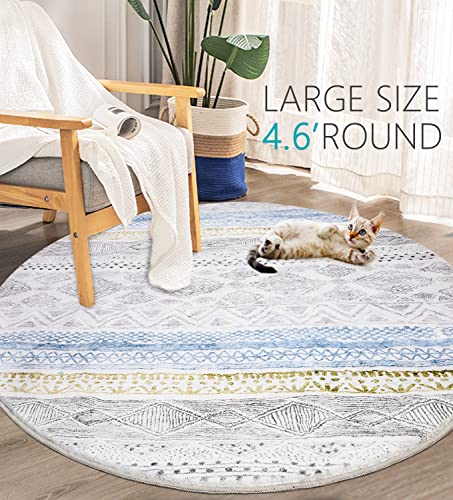 Yincimar Boho Geometric Round Area Rug 4.6ft Non-Slip Washable Circle Rug Accent Rug Soft Floor Area Mat Carpet for Living Room Sofa Bedroom Kids Room Nursery Decor,White