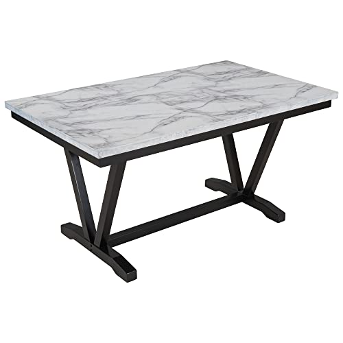 P PURLOVE Faux Marble Style 6 Piece Dining Table Set Marble Stickers MDF Top Kitchen Table with 4 Thicken Cushion Chairs and a Bench, for Home Living Room (White)