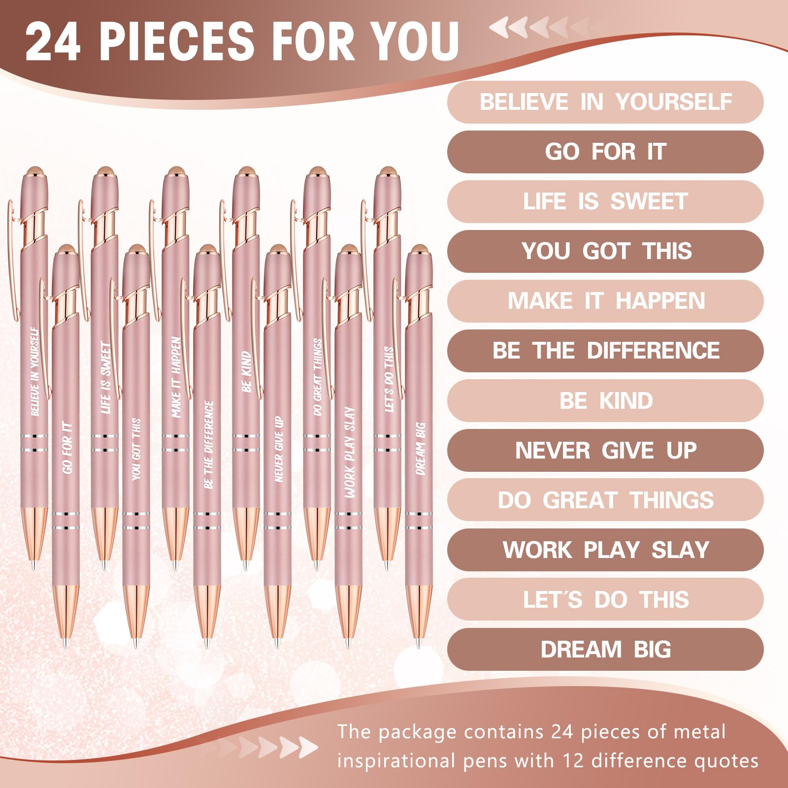 Yeaqee 24 Pcs Inspirational Ballpoint Pens Motivational Black Ink Retractable Quotes Pen with Stylus Tip Encouraging Message for Women Men Writing Office School Christmas Gift(Rose Gold)