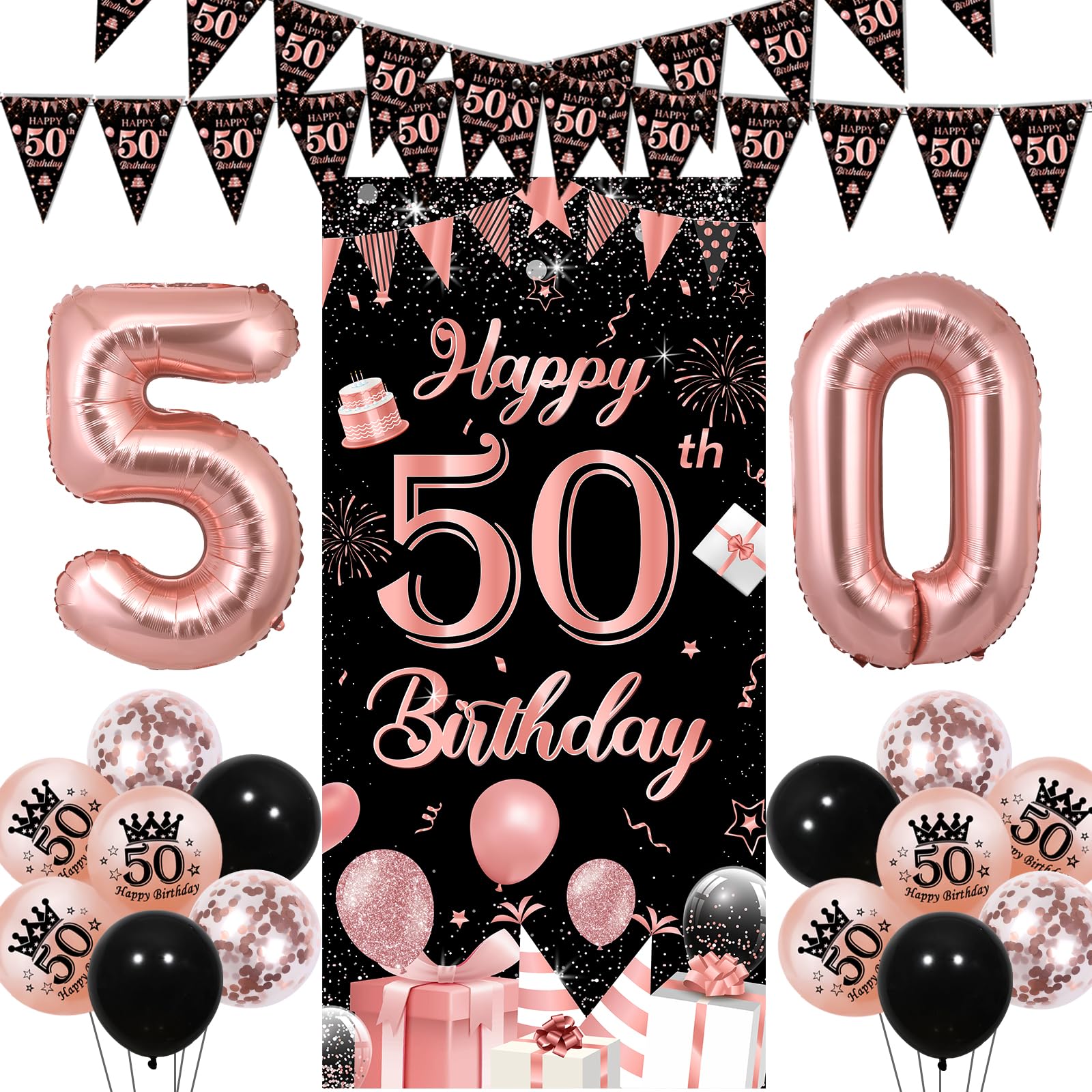 50th Birthday Decorations for Women Black and Rose Gold, Happy 50th Birthday Door Banner, Triangle Flag Garland, Number 50 Balloon, Fifty Year Old Birthday Party Supplies