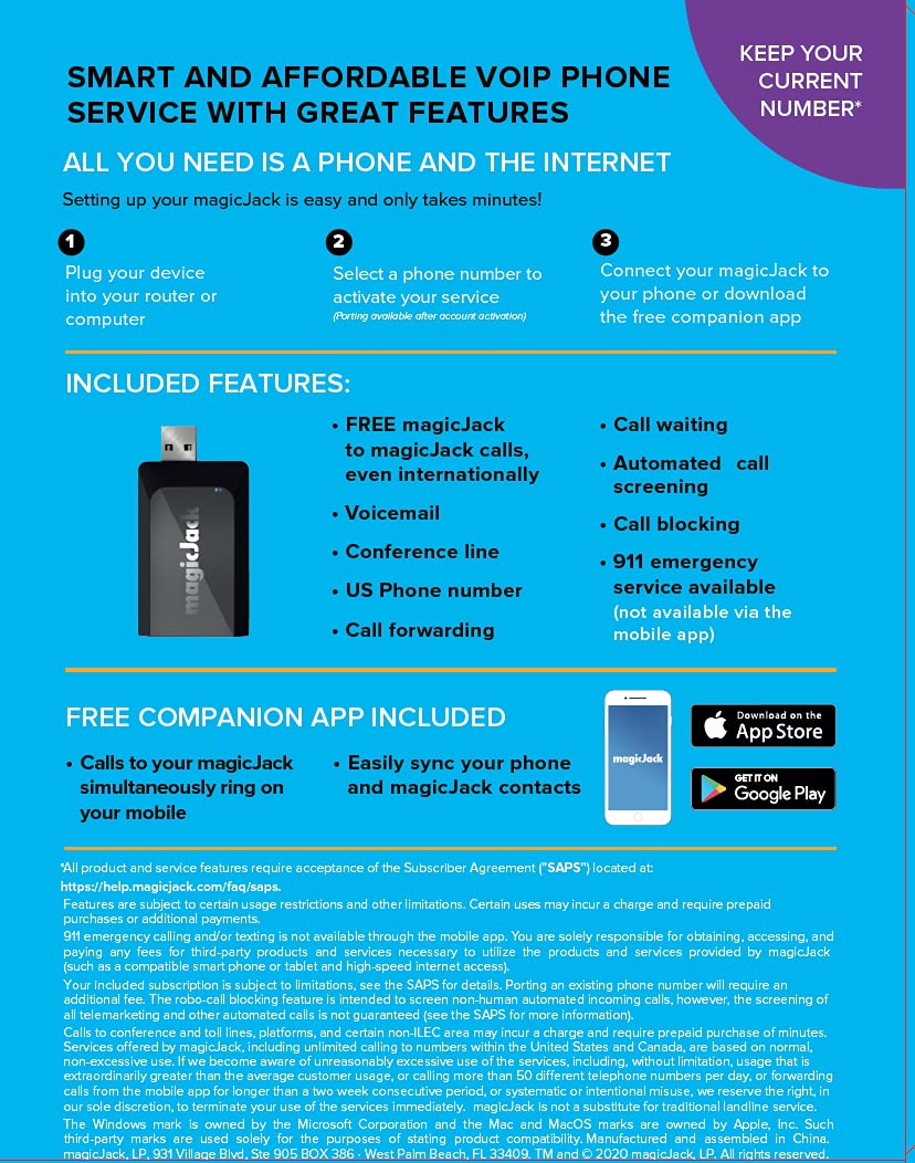magicJack, New 2022 VOIP Phone Adapter, Portable Home and On-The-Go Digital Service. Unlimited Calls to US and Canada. NO Monthly Bill | Featuring magicIN™ & magicOUT™ Service
