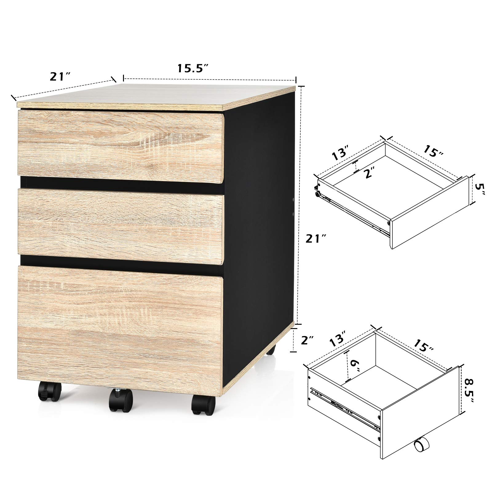 Giantex 3-Drawer Mobile File Cabinet Under Desk for Legal Letter File Home Storage with Wheels and Anti-tilt Design for Home &Office Use Rolling Vertical Filling Cabinet (Oak)