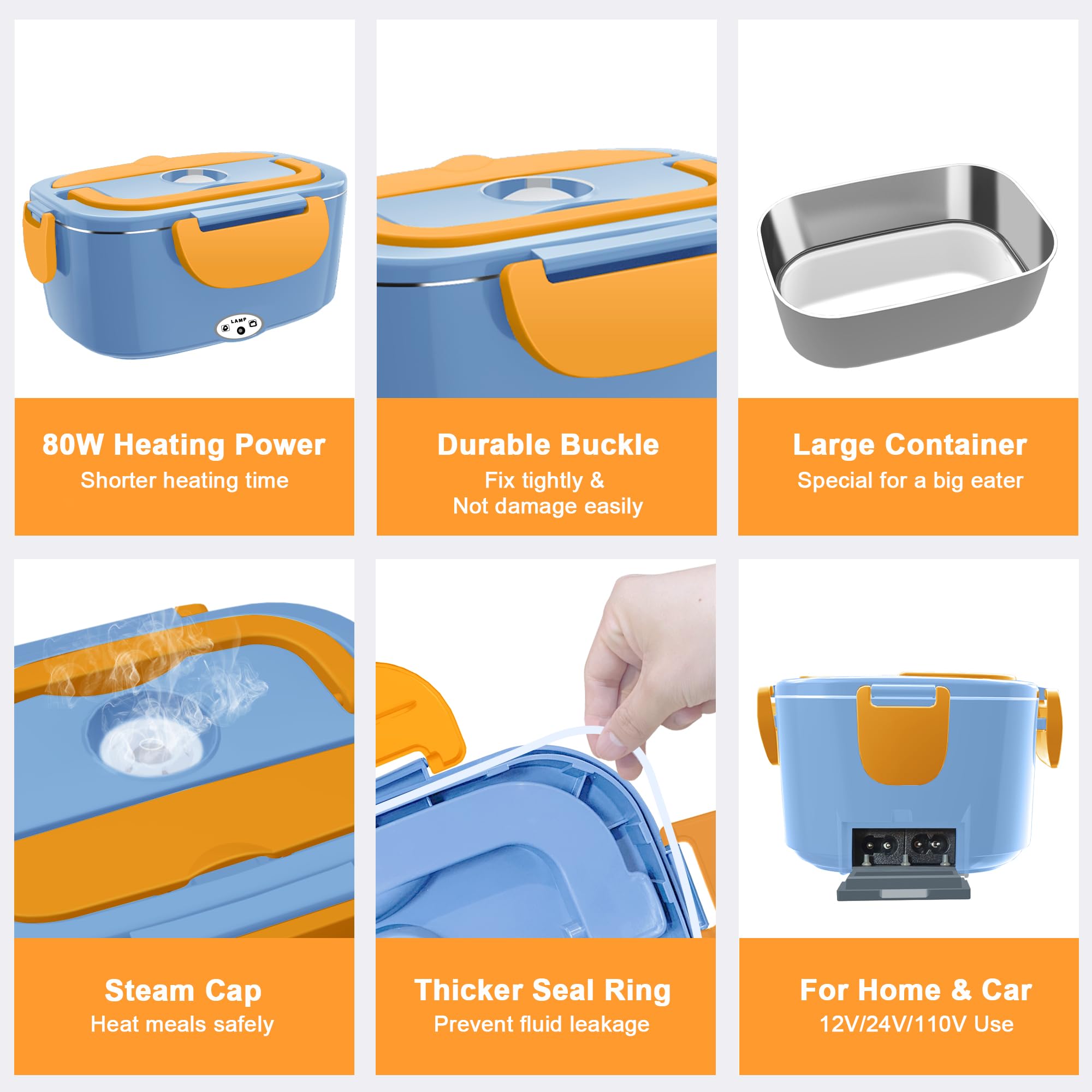 HOLDRUBY 75W Electric Lunch Box food heated 3 In 1 Portable Food Warmer Heater for Car/Truck/Home Heating Lunch Box with 1.5L 304 SS Container, Fork Spoon & Bag (Light Blue+Yellow)