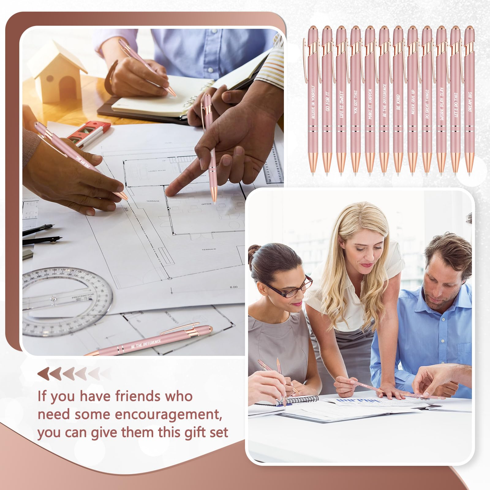 Yeaqee 24 Pcs Inspirational Ballpoint Pens Motivational Black Ink Retractable Quotes Pen with Stylus Tip Encouraging Message for Women Men Writing Office School Christmas Gift(Rose Gold)