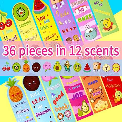 Aphrordity 36 Pieces Bookmarks for Kids Scratch and Sniff Bookmarks Food and Fruit Scented Bookmark for Enhances Children's Interest in Reading and Enhances The Reading Environment.12 Styles