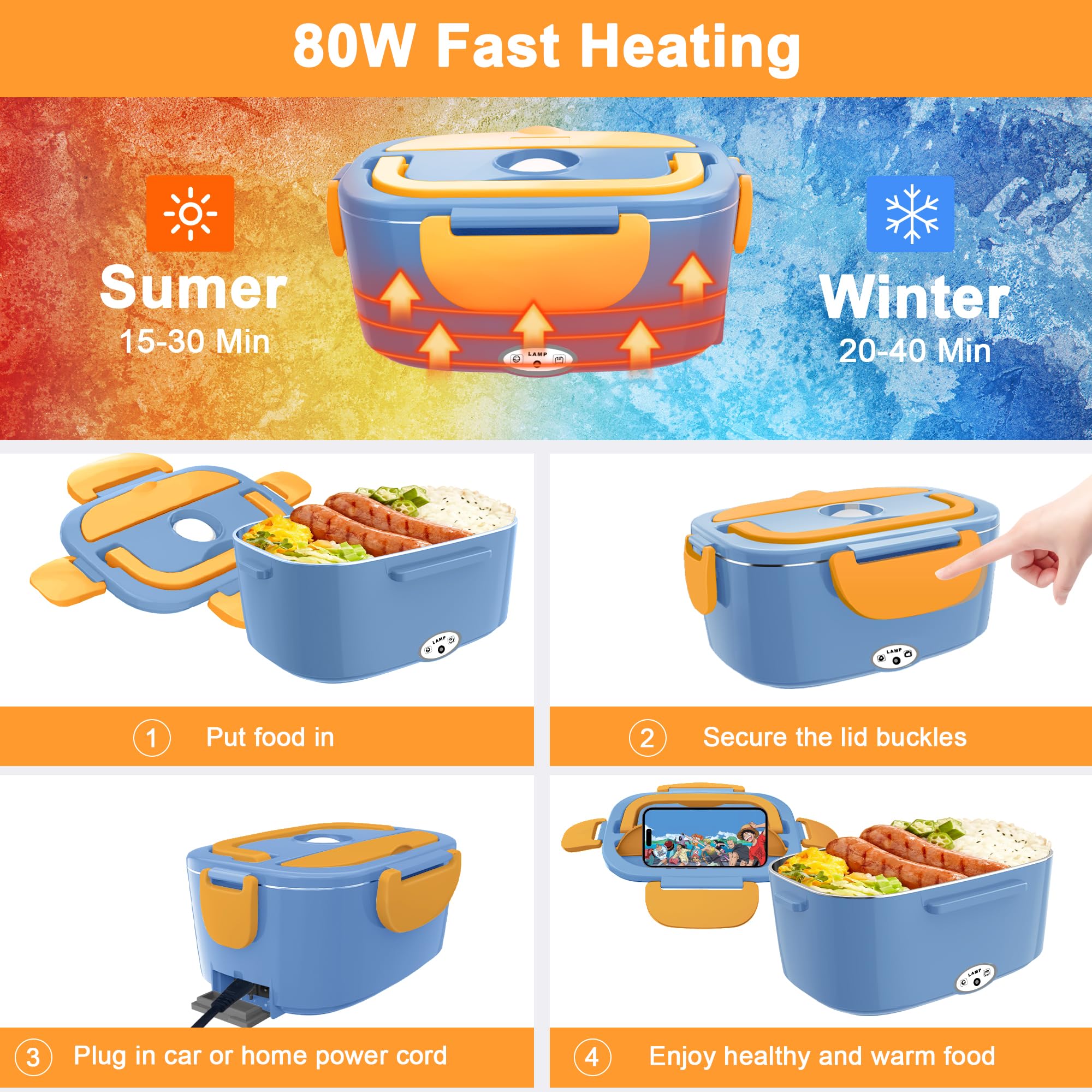 HOLDRUBY 75W Electric Lunch Box food heated 3 In 1 Portable Food Warmer Heater for Car/Truck/Home Heating Lunch Box with 1.5L 304 SS Container, Fork Spoon & Bag (Light Blue+Yellow)