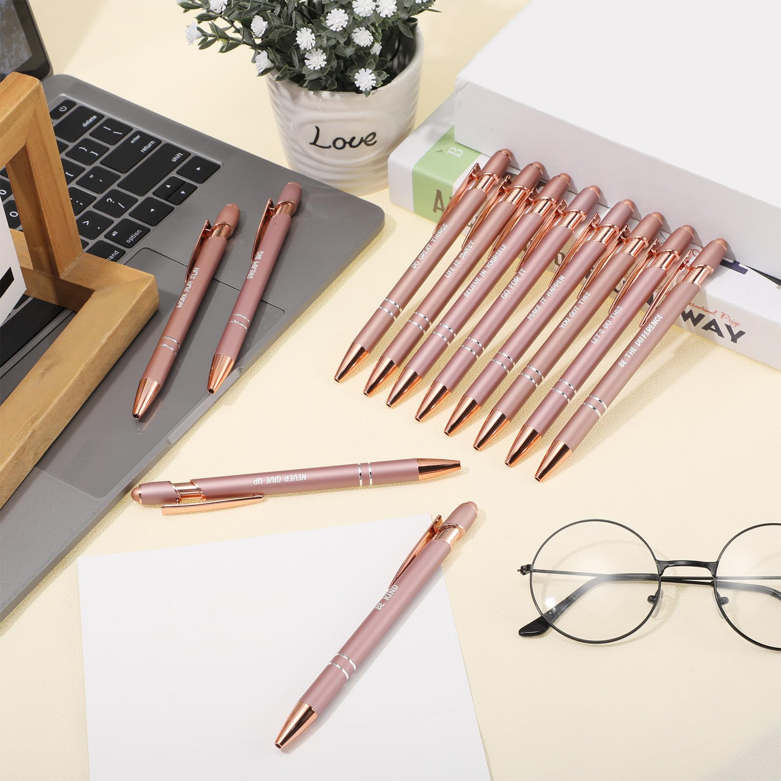 Yeaqee 24 Pcs Inspirational Ballpoint Pens Motivational Black Ink Retractable Quotes Pen with Stylus Tip Encouraging Message for Women Men Writing Office School Christmas Gift(Rose Gold)