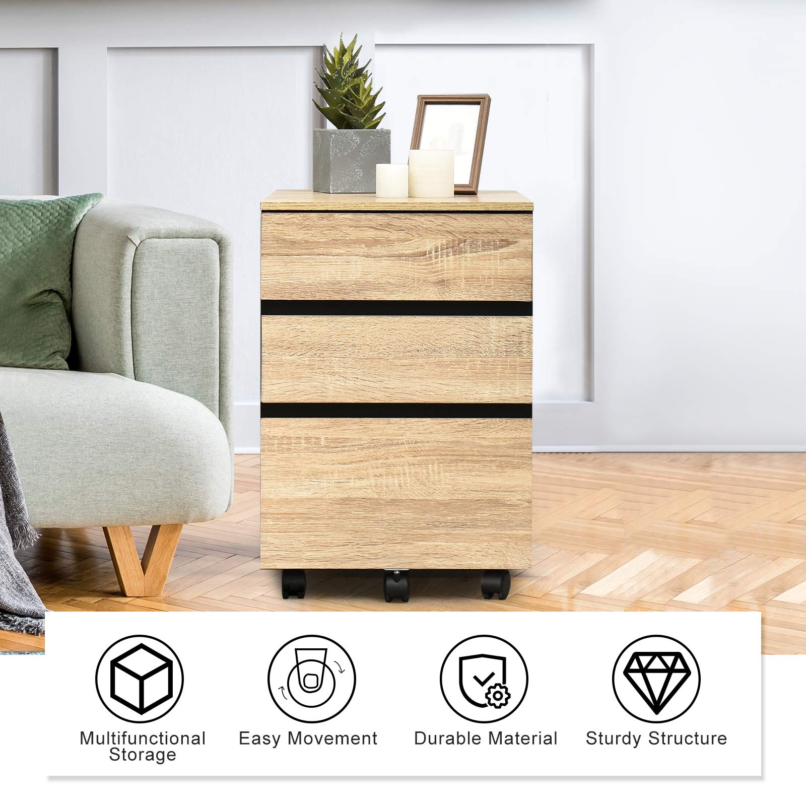 Giantex 3-Drawer Mobile File Cabinet Under Desk for Legal Letter File Home Storage with Wheels and Anti-tilt Design for Home &Office Use Rolling Vertical Filling Cabinet (Oak)
