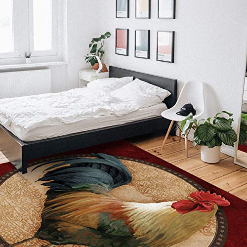 Rustic Rooster Marble Pattern Area Rug for Bed Room, 3' x 5' Indoor Accent Rugs Non-Skid Kitchen Runner, Farmhouse Red Round Bathroom Rugs Modern Floor Mats Washable Throw Carpet