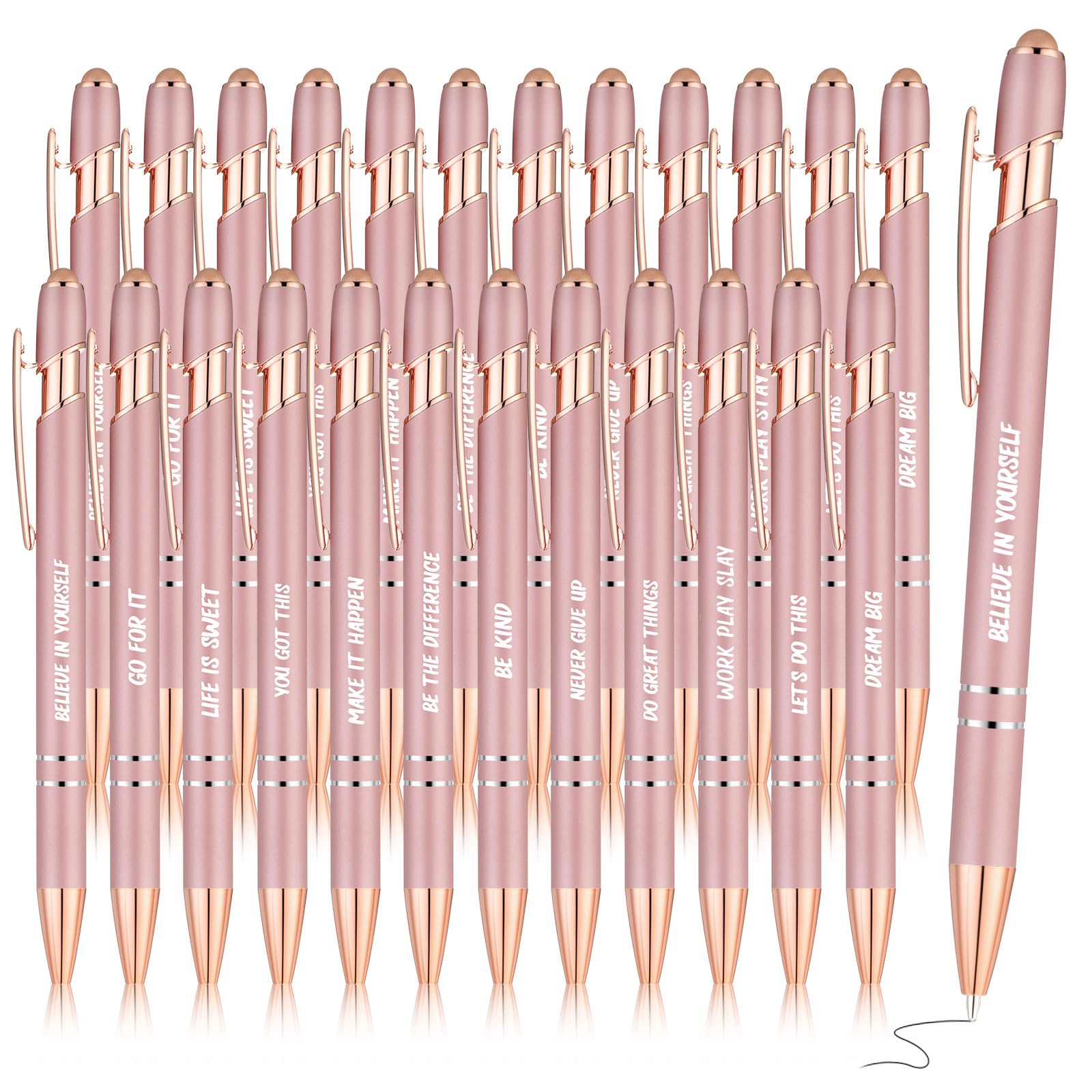 Yeaqee 24 Pcs Inspirational Ballpoint Pens Motivational Black Ink Retractable Quotes Pen with Stylus Tip Encouraging Message for Women Men Writing Office School Christmas Gift(Rose Gold)