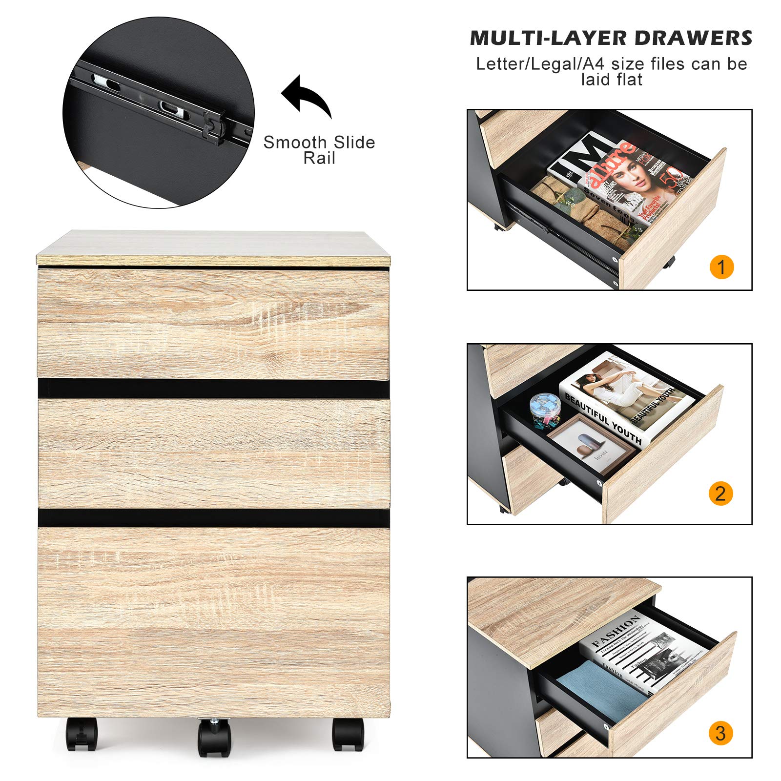 Giantex 3-Drawer Mobile File Cabinet Under Desk for Legal Letter File Home Storage with Wheels and Anti-tilt Design for Home &Office Use Rolling Vertical Filling Cabinet (Oak)