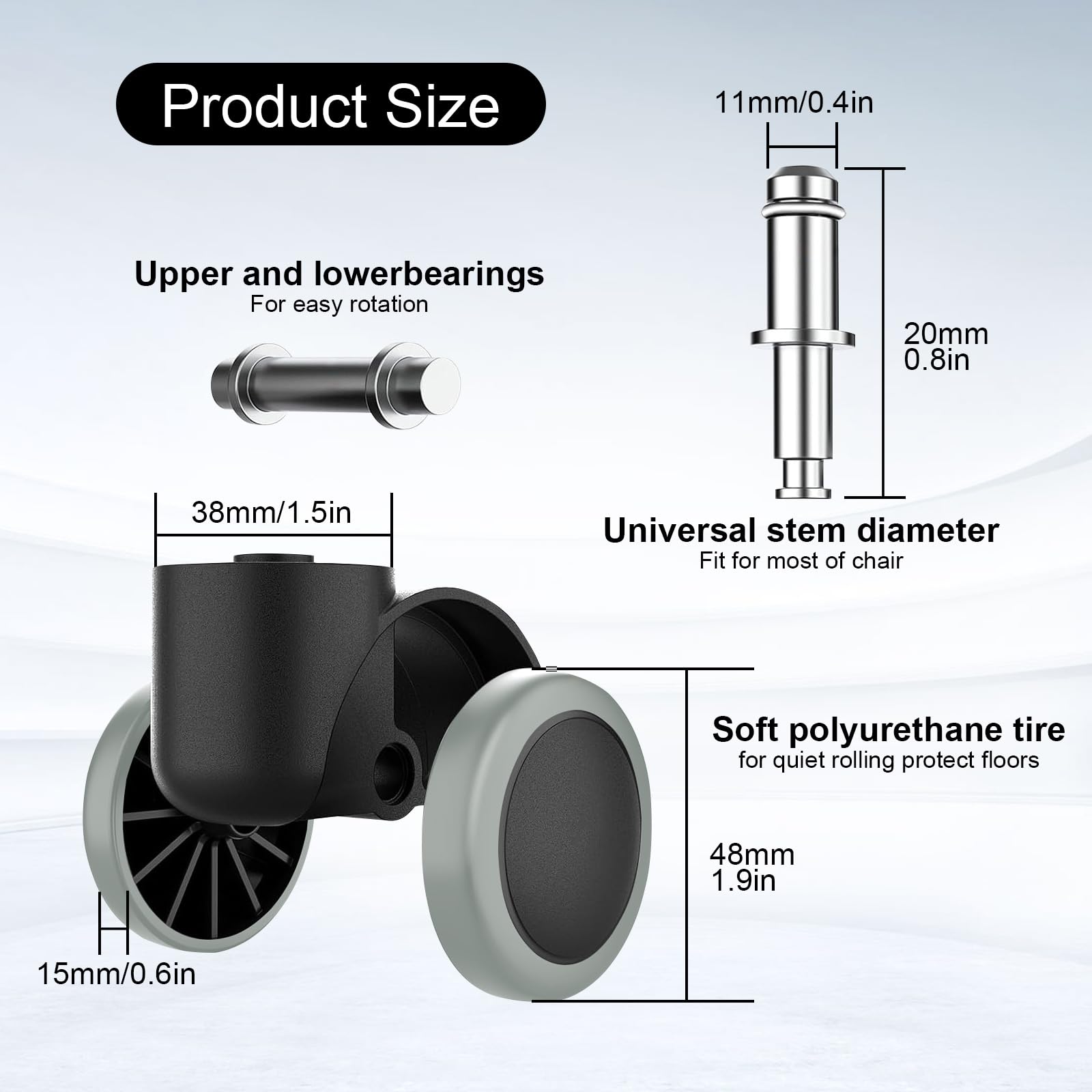 YIOVVOM 5PCS 2 Inch 11mm Universal Standard Size Roller Office Chair Replacement Wheels, Floor Protecting PU Plastic Office Chair Caster Wheels Standard Stem Size - Black/Gray