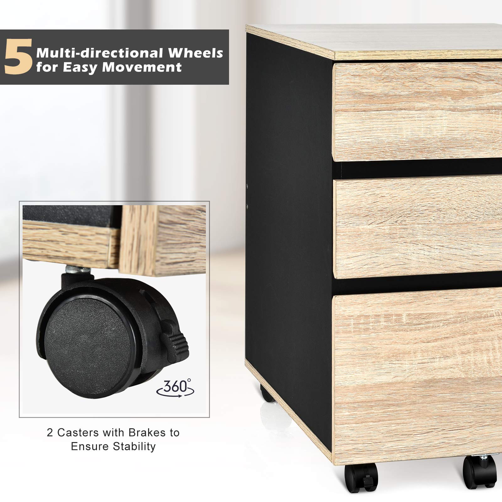 Giantex 3-Drawer Mobile File Cabinet Under Desk for Legal Letter File Home Storage with Wheels and Anti-tilt Design for Home &Office Use Rolling Vertical Filling Cabinet (Oak)