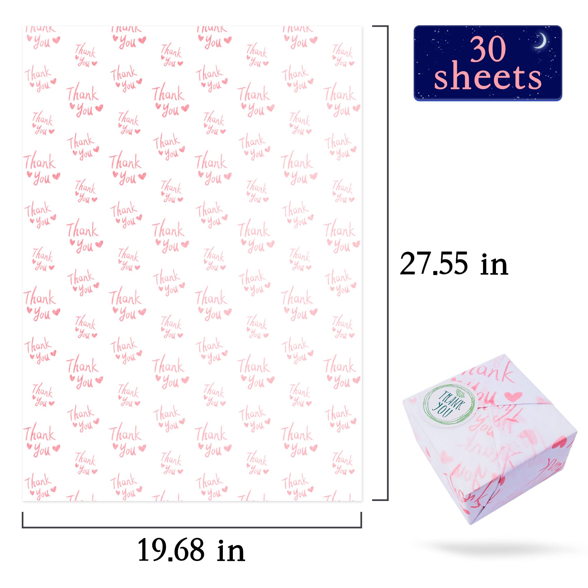 MR FIVE 30 Sheets White with Metallic Pink Thank You Tissue Paper Bulk,20" x 28",Pink Thank You Tissue Paper for Packaging,Gift Bags,Pink Gift Wrapping Tissue for Graduation,Birthday,Thanksgiving