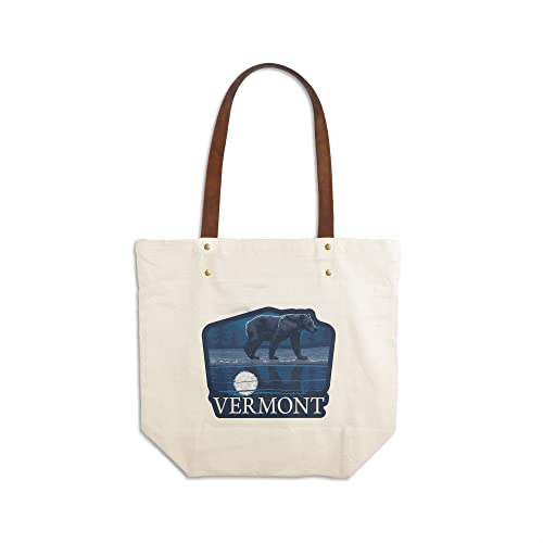 Vermont, Bear in Moonlight, Contour (Canvas Deluxe Tote Bag, Faux Leather Handles & Zip Pocket)