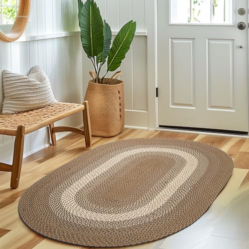 Super Area Rugs Brown Braided Rug for Kitchen/Dining Room, Taupe Gray Indoor Outdoor Braided Rug for Patio/Porch 4' x 6' Oval