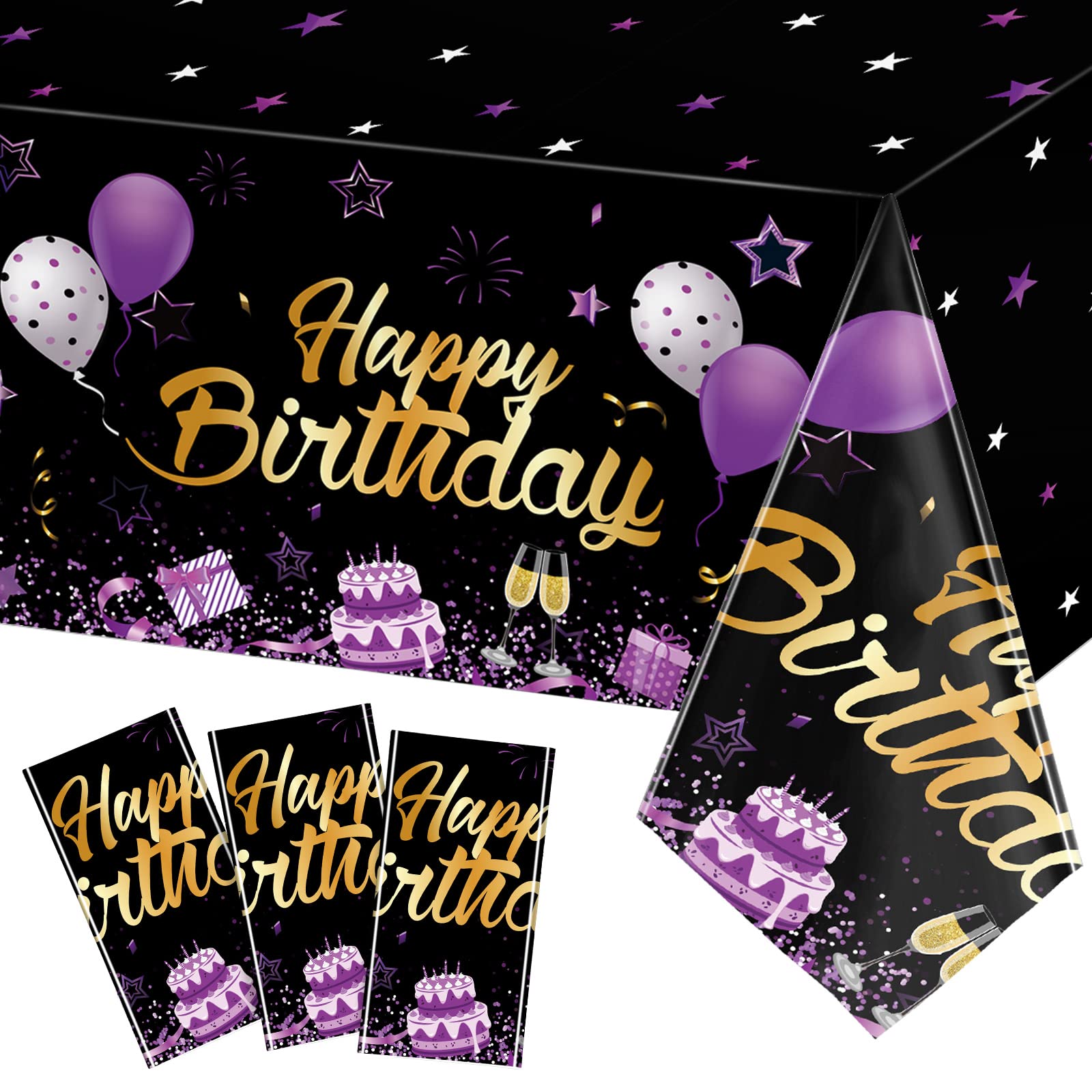 Breling 3 Pack Birthday Party Supplies Confetti Sprinkles Happy Birthday Tablecloths Starry Table Covers for Kids Adults Party Decorations, 54 x 108 Inches (Purple and Black)