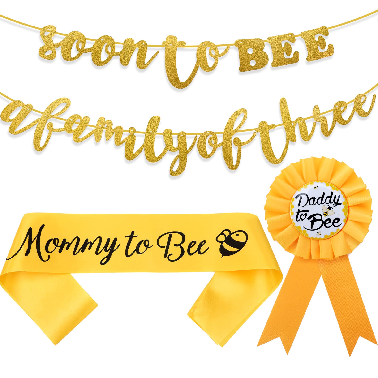 3pcs Welcome Baby Party Banner Set Soon to Bee A Family of Three Banner Mommy to Bee Sash Daddy to Bee Badge Bee Baby Shower Decoration Bee Themed Party Supplies