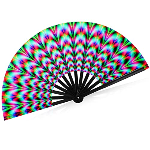 Yinkin Large Rave Fan Folding Hand Fan Clack Fan with Fabric Bag Colorful Holographic Rave Fan for Men Women Bamboo Ribs Decorative Accessories Trippy Gifts for Festival Music Dancing Parties