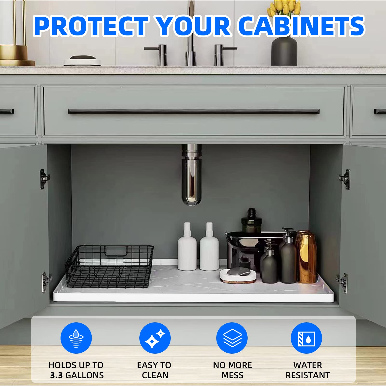 Under Sink Mat, 34" x 22" Under Sink Mats for Kitchen Waterproof - Silicone Under Sink Liner Drip Tray with Drain Hole (Gray)