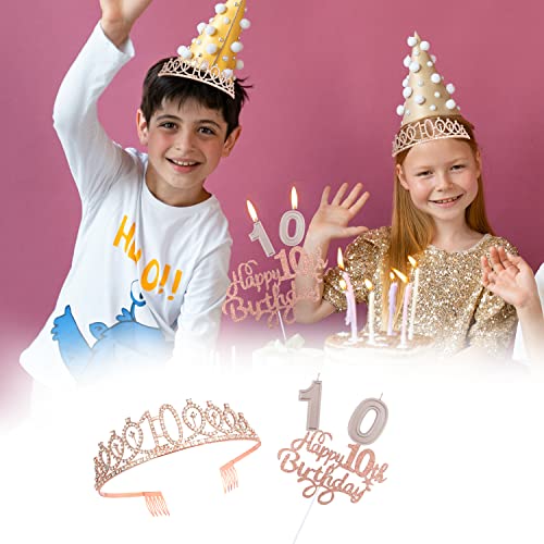 AIEX 4pcs Rose Gold Birthday Decorations Kit, Including Birthday Crown and Sash Cake Topper Cake Number Candles Birthday Girl Decorations(10th Birthday)
